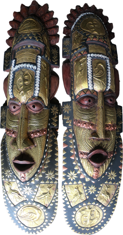 Pair of Authentic Afrikan Masks from Ghana: cedar wood, copper, brass ...